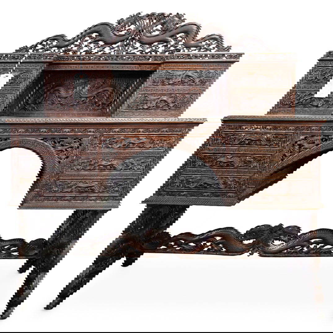 Antique Indian Chinoiserie Carved Wood Dragon Desk Auction