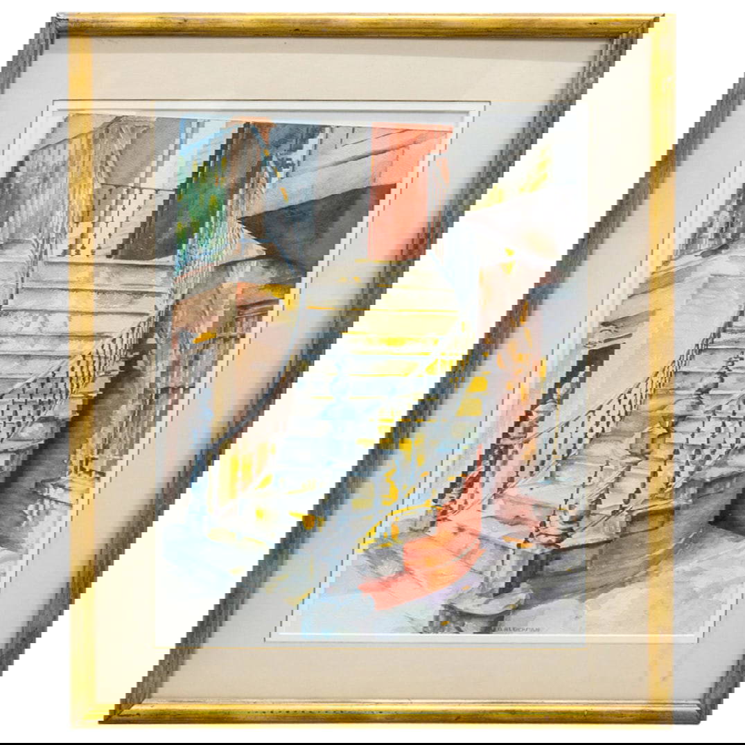 Signed E. B. Alderman Porch Stairs Watercolor Auction