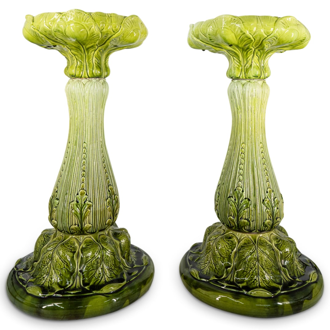 Ex-christie's Pair Of Bretby Majolica Jardiniere Stands Auction