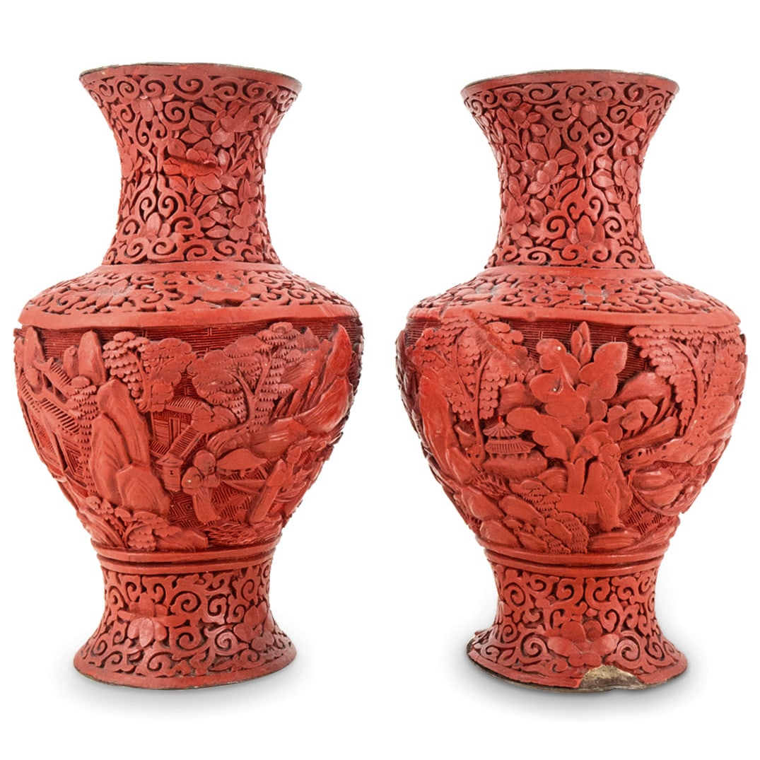 Pair Antique Chinese Cinnabar Vases Auction