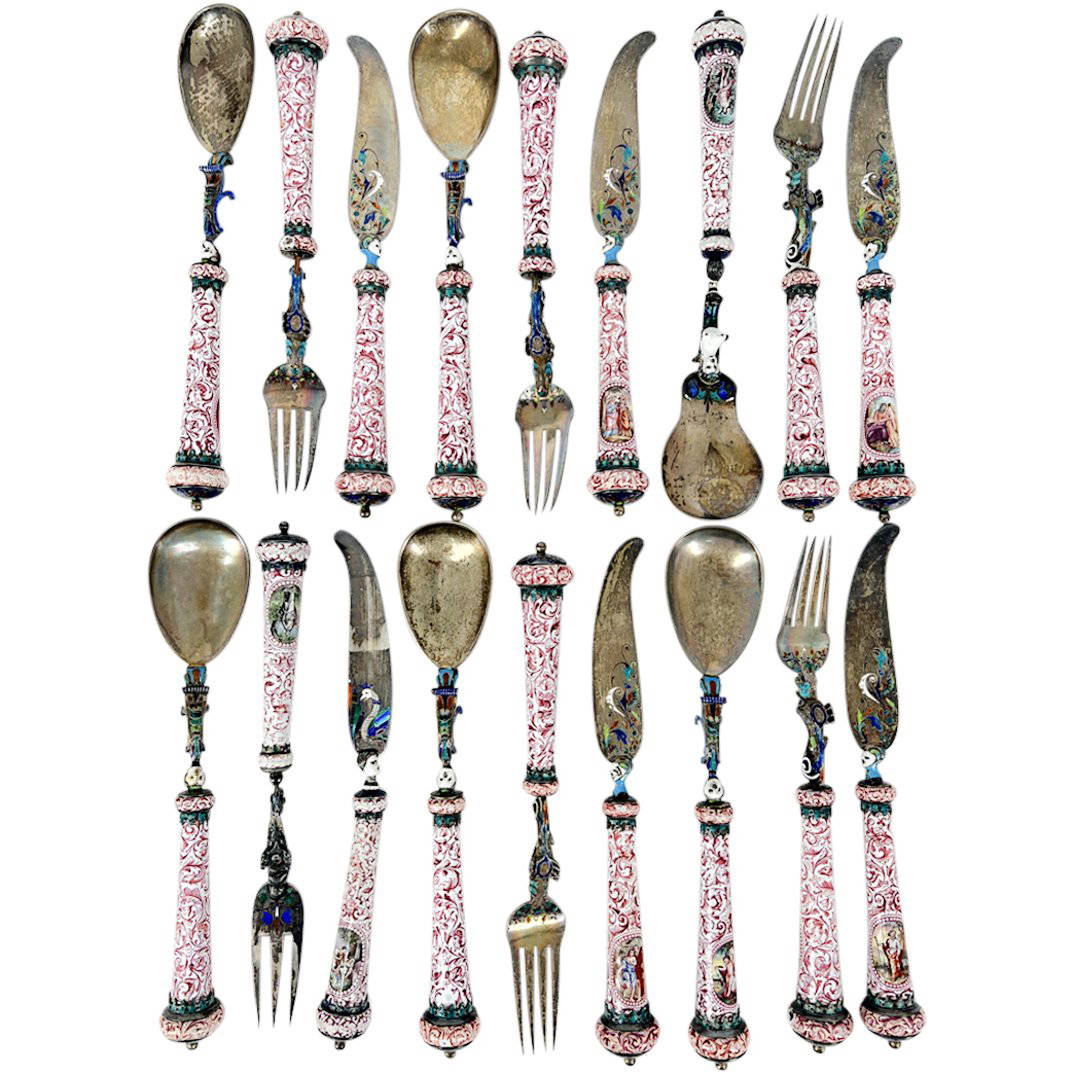 (18pc) Antique Austrian Viennese Enamel Silver Flatware Set Auction