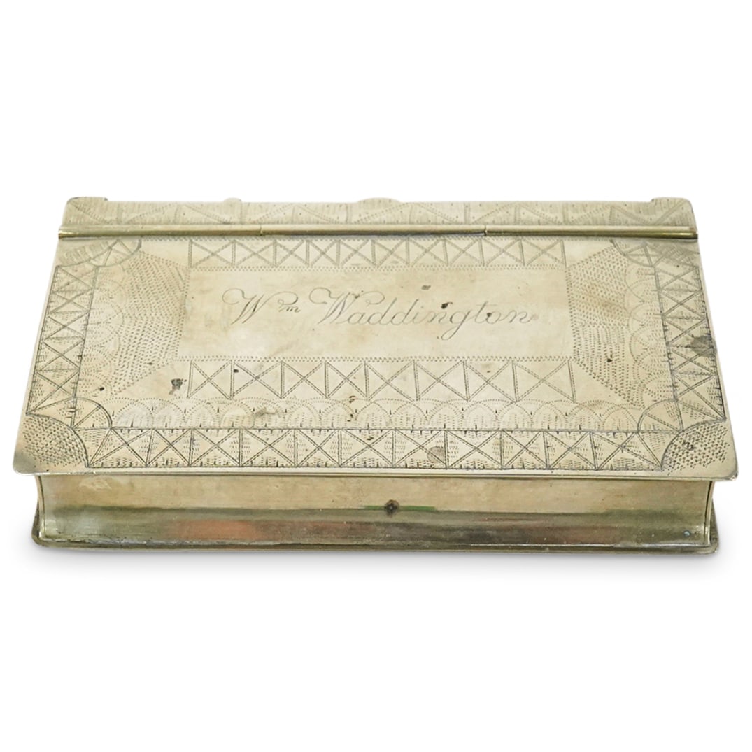 19th C. William Waddington Etched Metal Book Form Snuff Box Auction