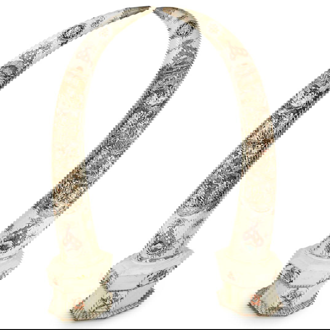 Pair Of Large Chinese Carved Bone Tusks Auction