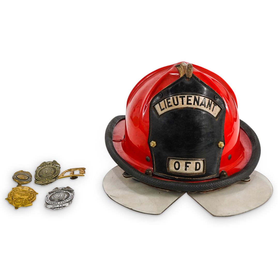 (6 Pc) Vintage Fireman Hat & Assorted Vintage Badge Collection Auction