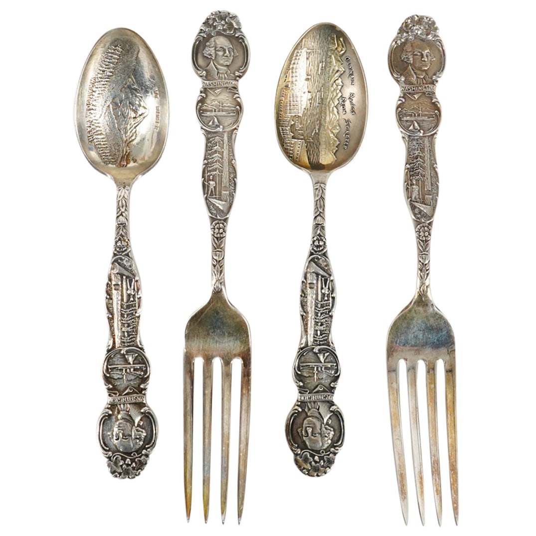 (4 Pc) Sterling Silver George Washington Fork & Spoon Sets Auction