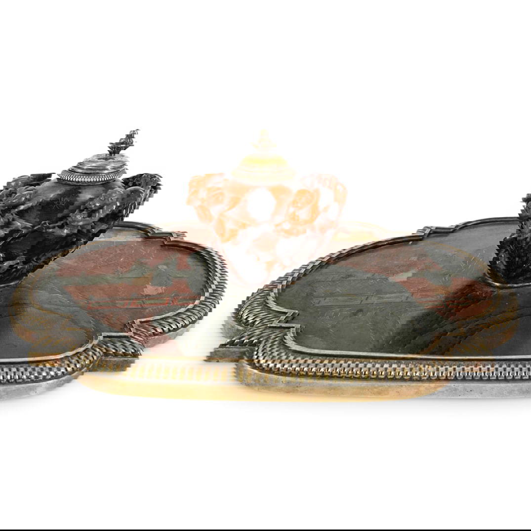 Important Antique French Chinoiserie Inkwell Tray W/ Chinese Soapstone ...