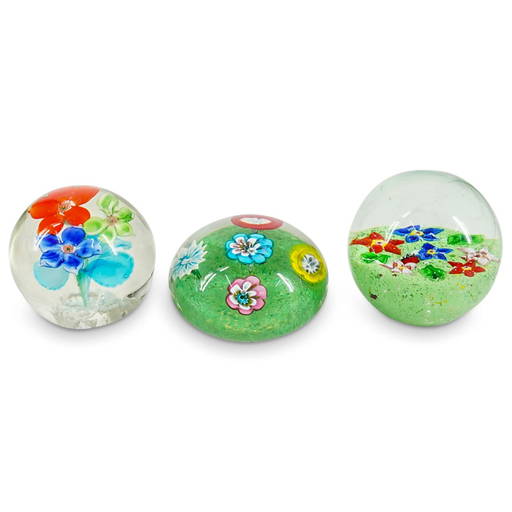 (3 Pc) Art Glass Floral Paperweights