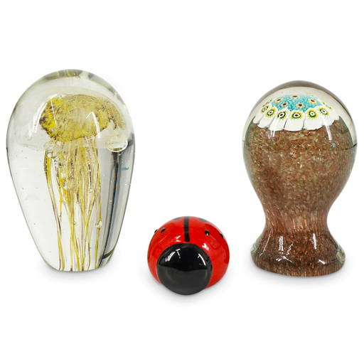 (3 Pc) Art Glass Ladybug, Jellyfish & Gold Fleck Paperweights