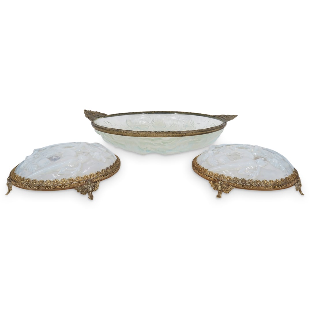 (3 Pc) Art Deco French Verlux Opalescent Glass Set Auction