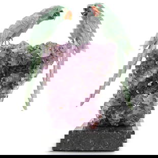 Two Quartz Carved Parrots On Amethyst