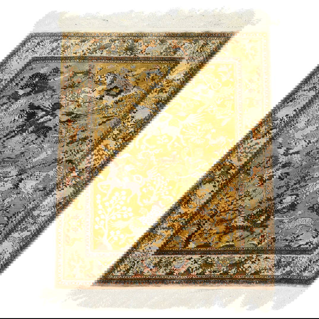 Antique Persian Silk Hunting Scene Rug Auction