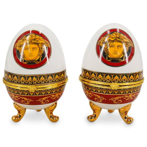 (2 Pc) Versace Designs Porcelain Egg Shaped Hinged Trinket Boxes