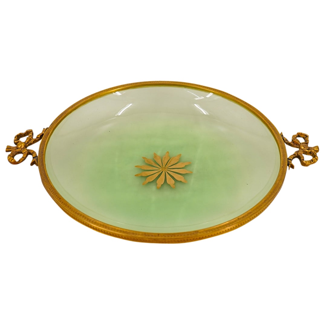 Antique French Green Opaline & Gold Gilt Bronze Bon-bon Plate Auction