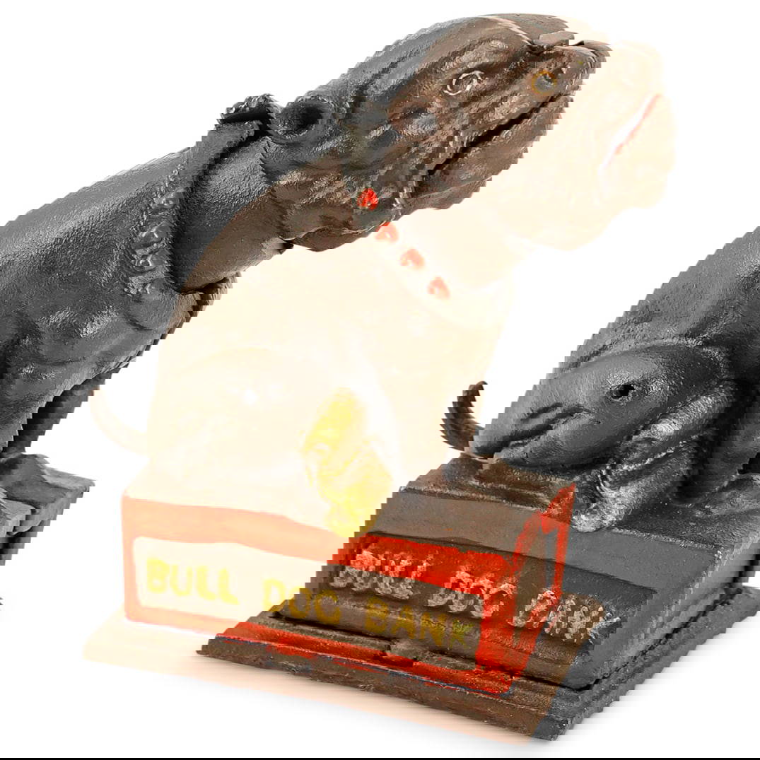 J & E Stevens Company Cast Iron Bull Dog Bank Auction