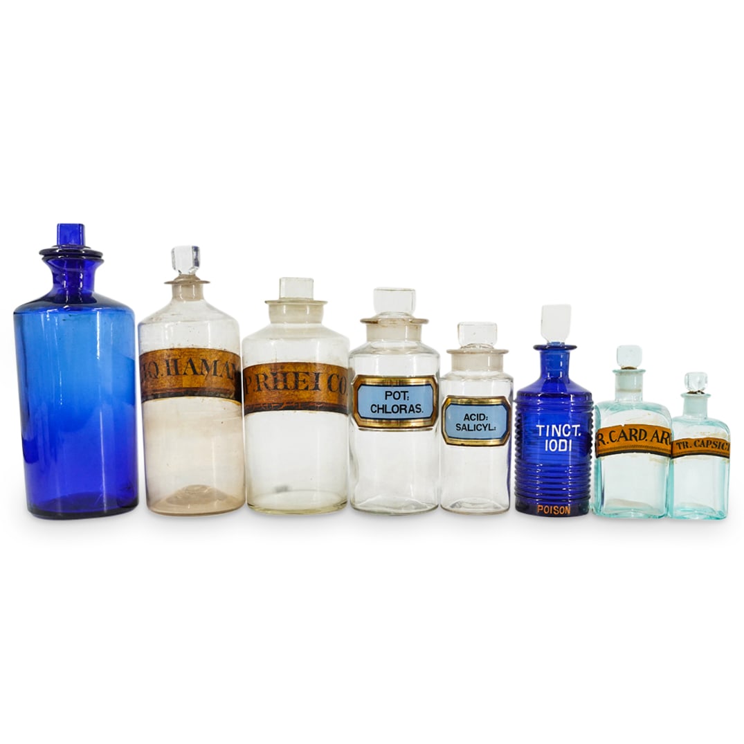 8 Pc Antique Apothecary Assorted Glass Bottles Grouping Set Auction
