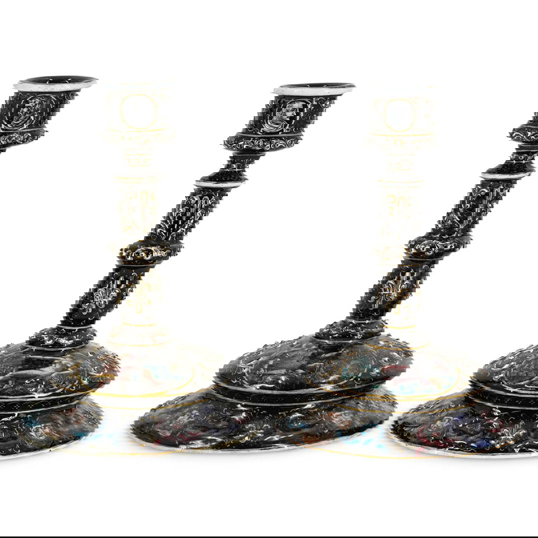 Pair Of 19th Century Limoges Enamel Candlesticks Auction