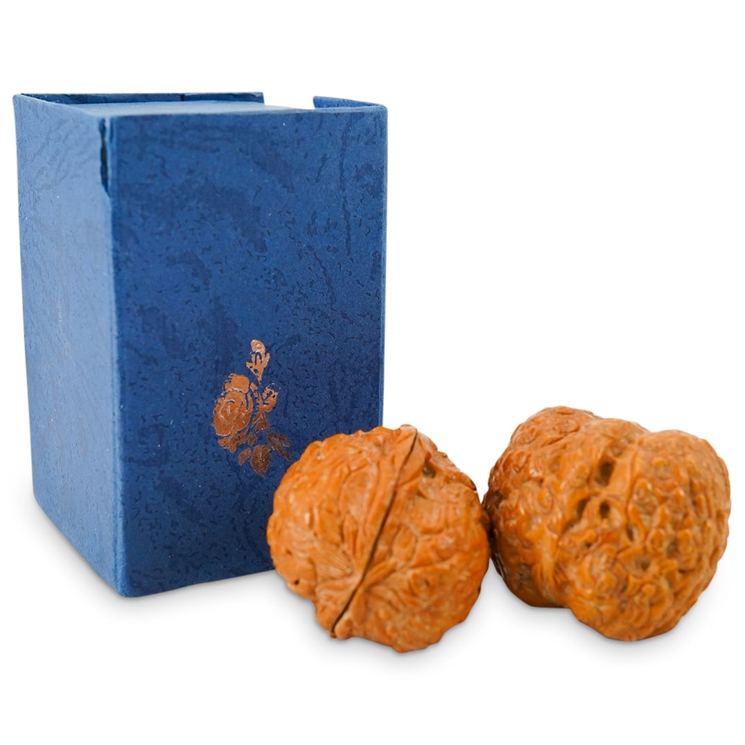 Pair Of Japanese Carved Walnut Shell Netsukes In Box Auction