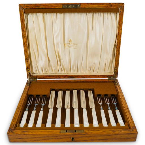 (12 Pc) Antique English Mappin & Webb Mother Of Pearl Handled Flatware Set