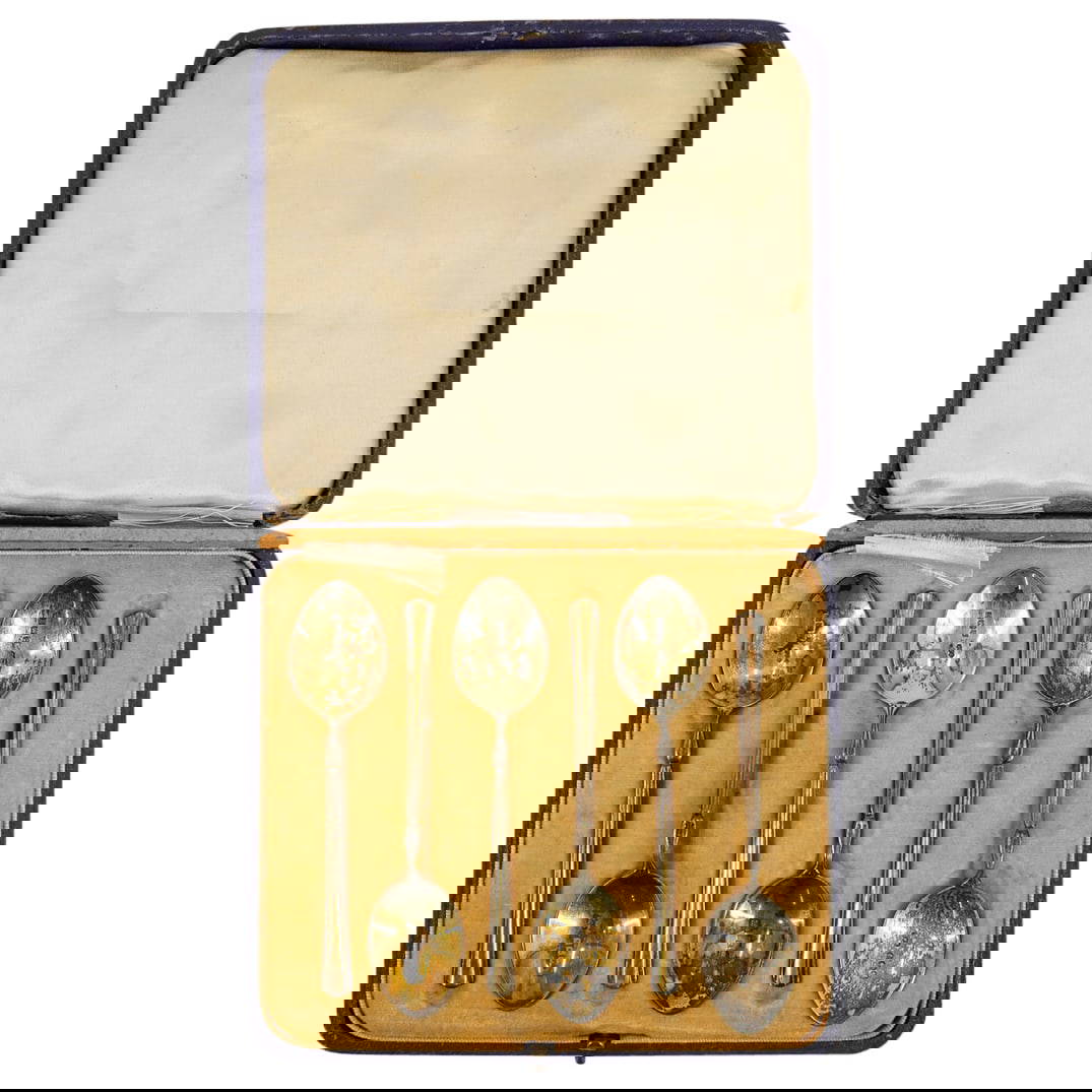 (6 Pc) Turner & Simpson Enameled Sterling Silver Spoons In Box Auction