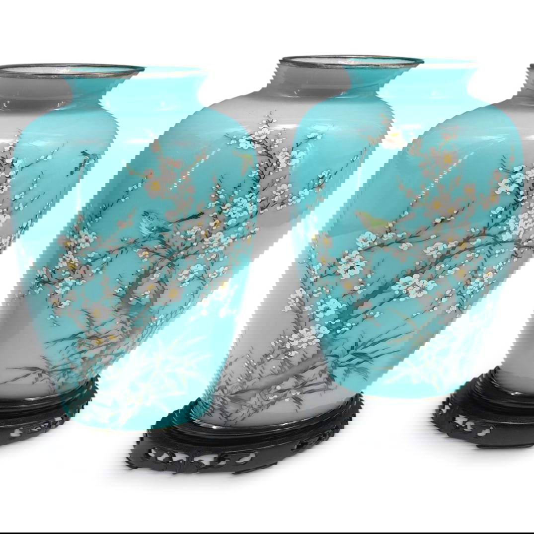 Pair Of Vintage Japanese Turquoise Cloisonne Shouldered Vases Auction