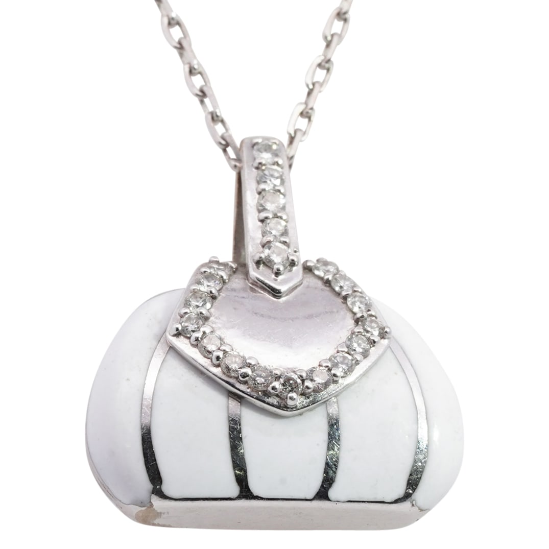Mirabelle 18k White Gold Enameled Purse Pendant Necklace Auction