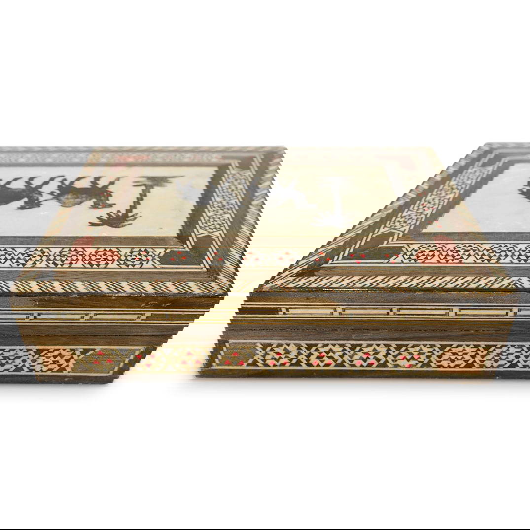 Syrian Marquetry Mother-of-pearl Inlay Camels Wood Box Auction