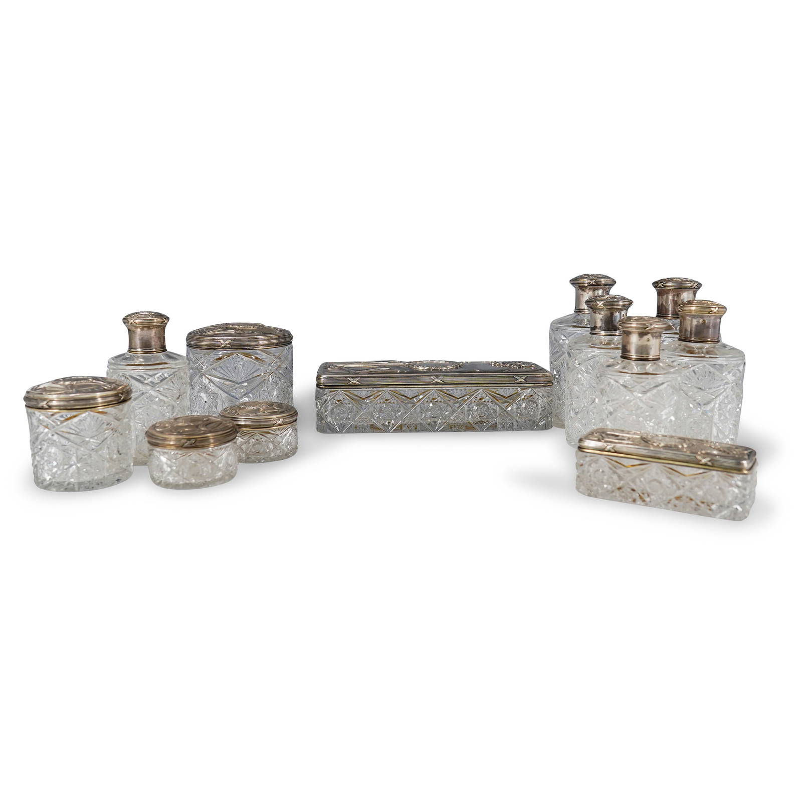 (12pc) Attrib. Faberge Russian Silver & Cut Crystal Vanity Set Auction