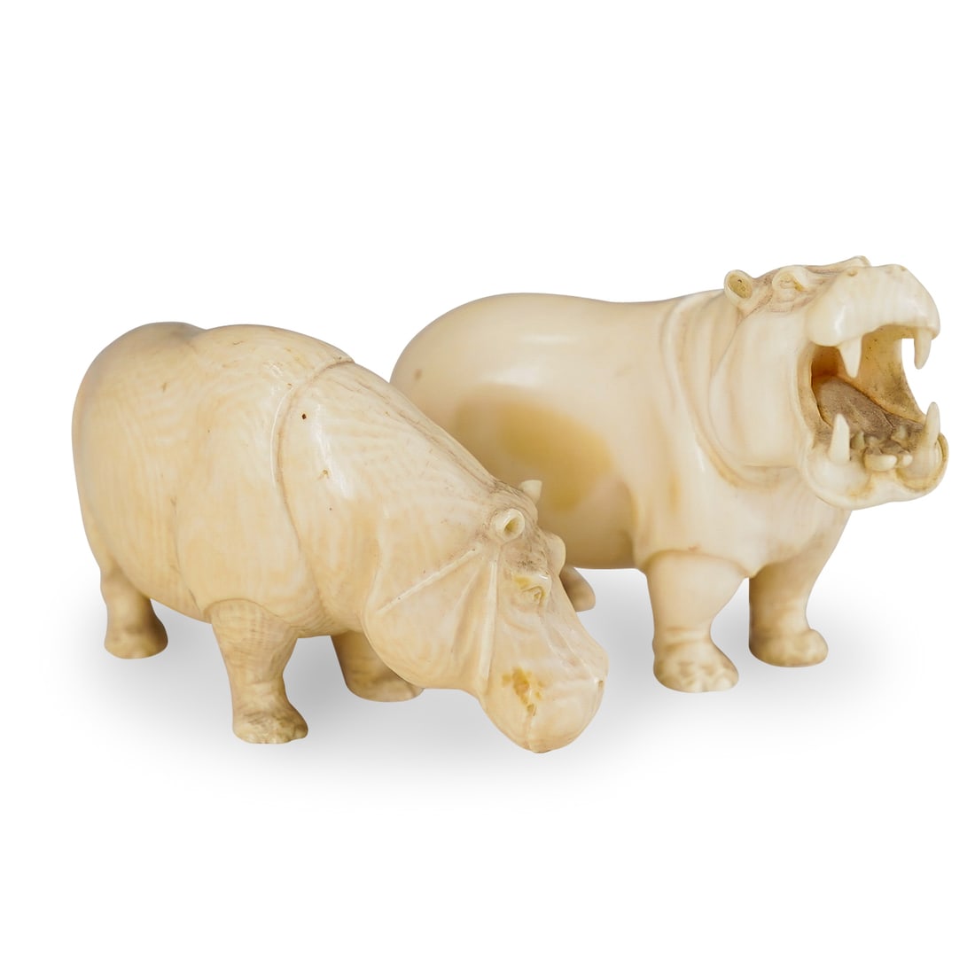 Pair Of 19th C. Carved Bone Hippopotamus / Hippo Auction