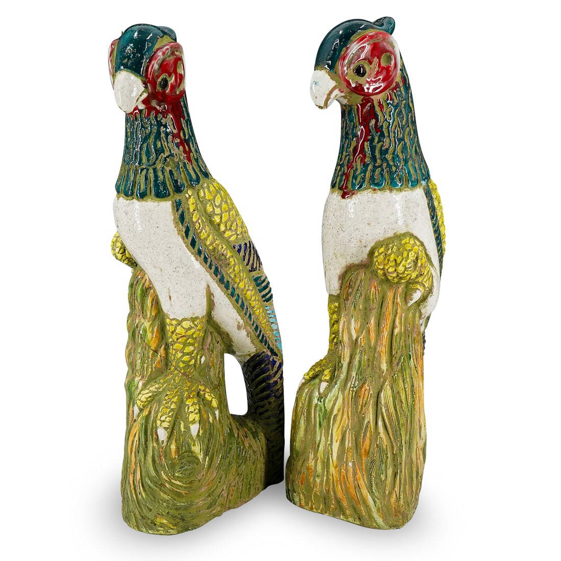 (2 Pc) Antique Chinese Polychrome Ceramic Parrots Auction
