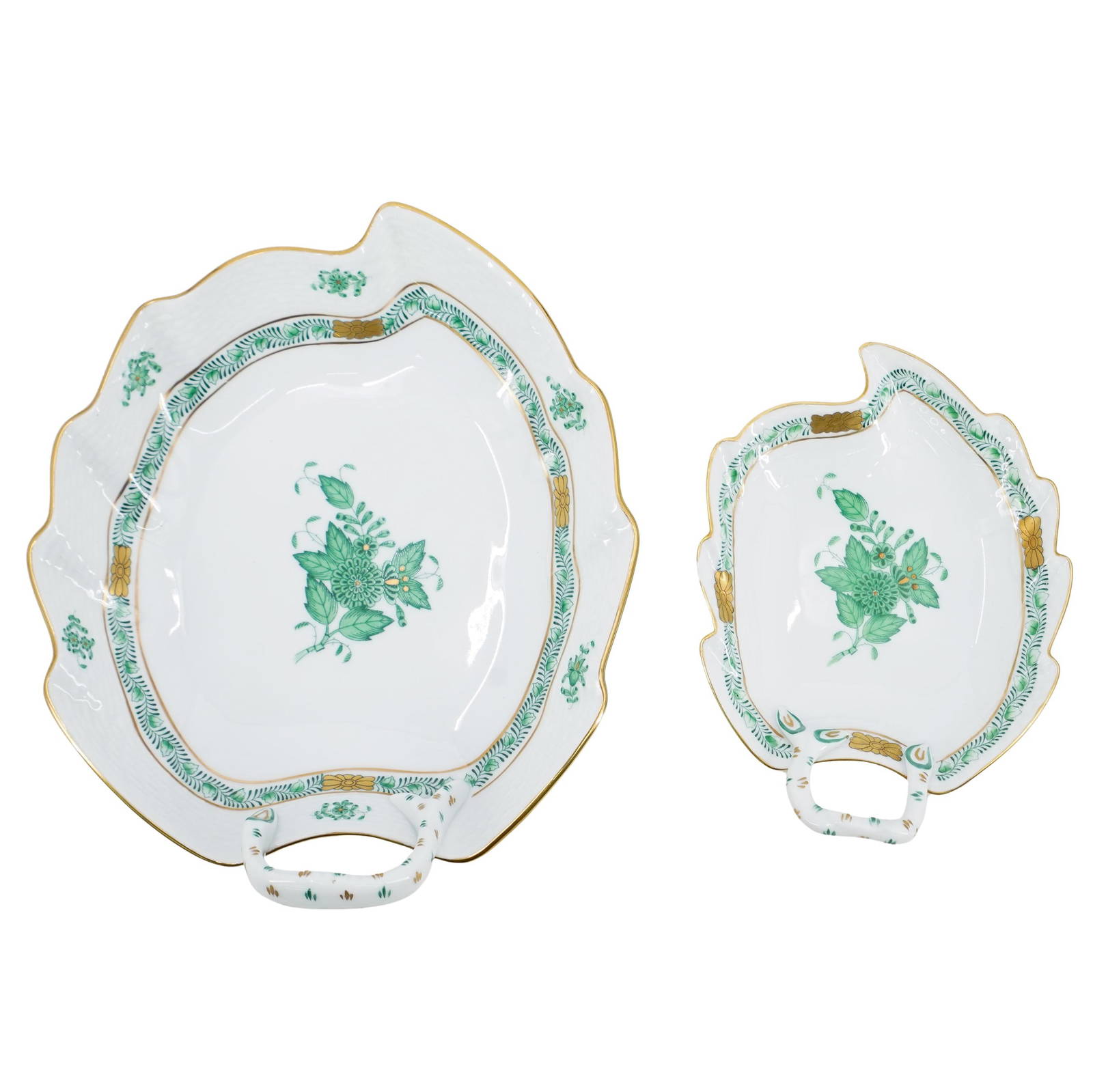 (2 Pc) Herend Porcelain "chinese Bouquet Green" Leaf Dishes Auction
