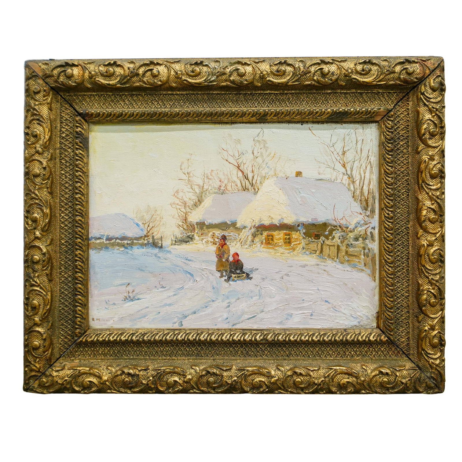 (russian School) Oil On Canvas Winter Scene Sleight Painting Auction