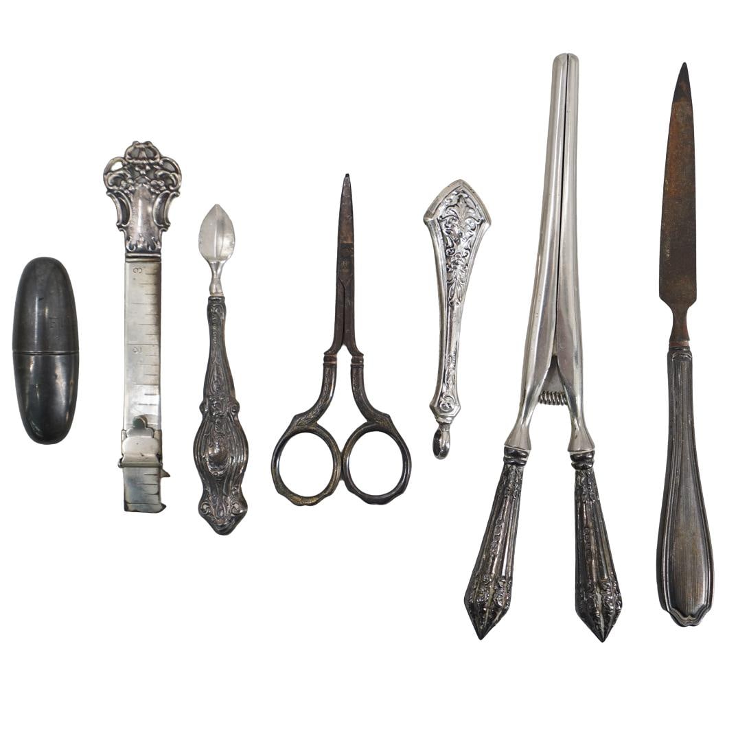 (7 Pc) Antique Sterling Silver Assorted Sewing & Grooming Tools Auction