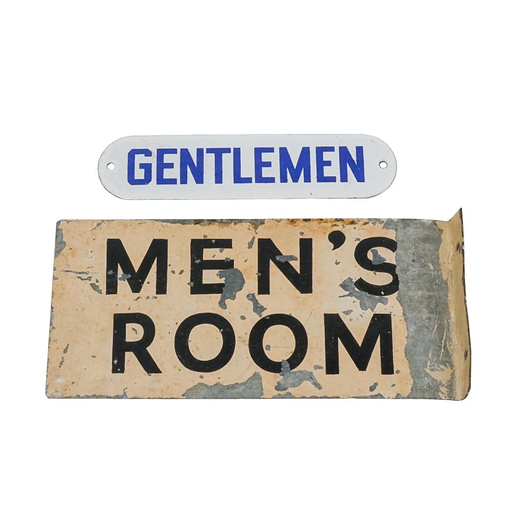 (2 Pc) Vintage Enamel Gentleman Restroom Ad Signs Auction