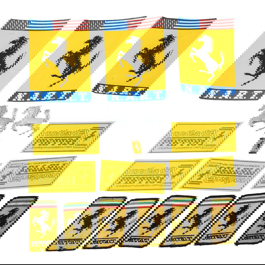 (18 Pcs) Vintage Ferrari Stickers, Patches, And Pins Auction