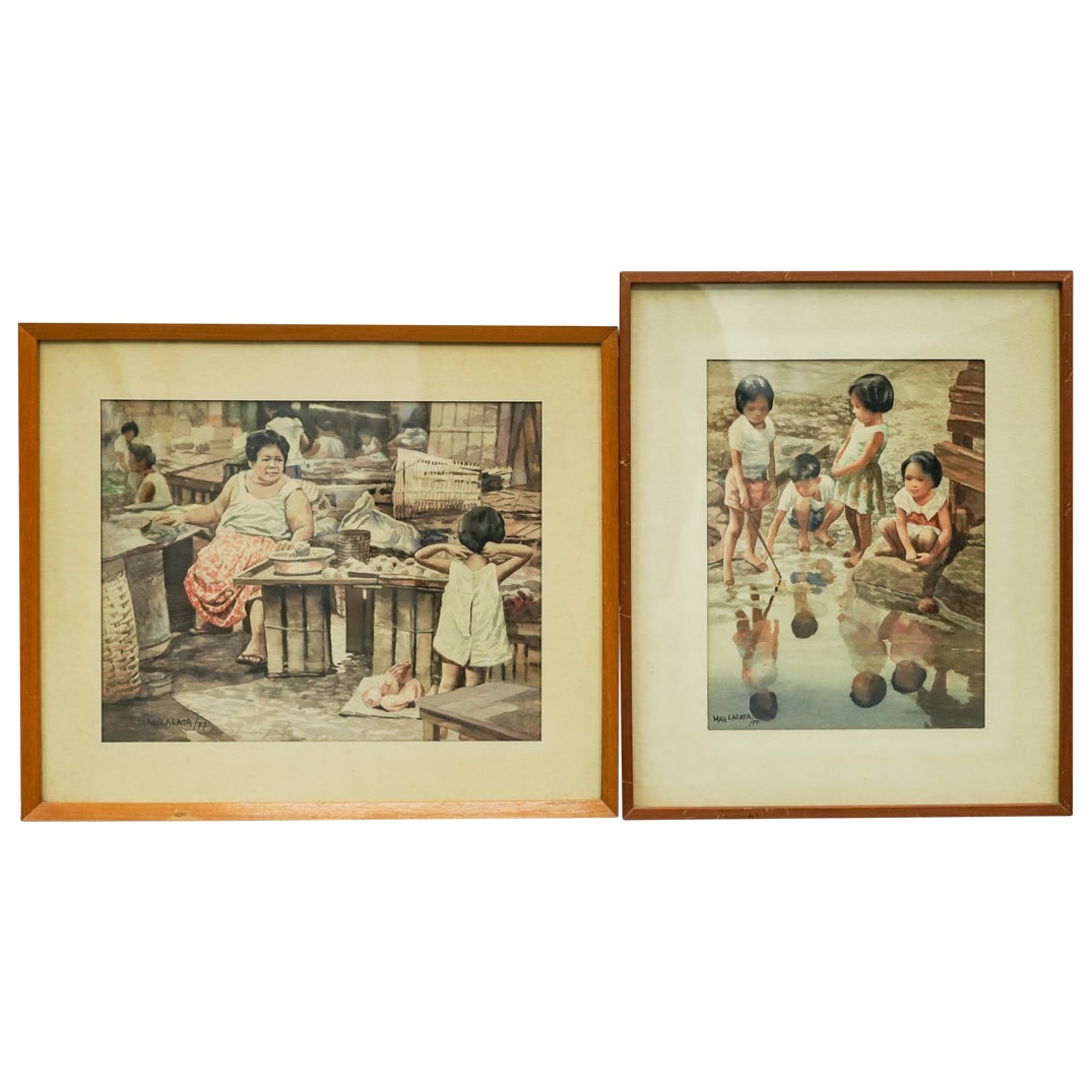 (2pc) Max Lalata (filipino B. 1914) Street Scene Watercolors Auction