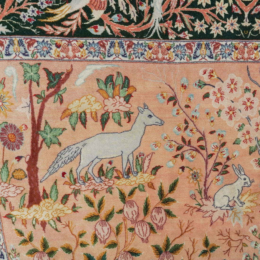Persian Qum Hunting Scene Woven Wool Blend Rug Auction