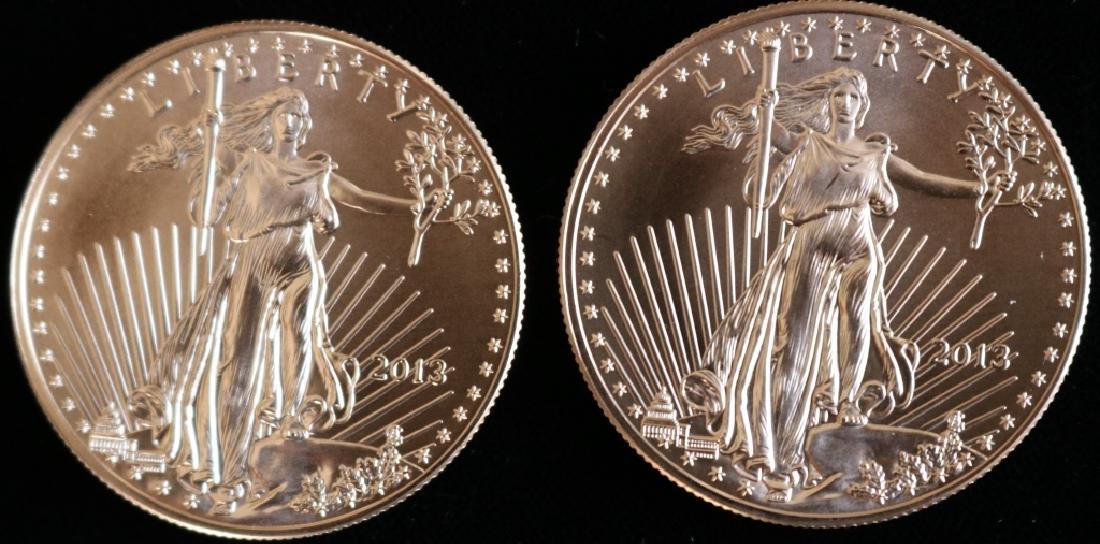 TWO 2013 $50 GOLD WALKING LIBERTY COINS, 1 OZT.