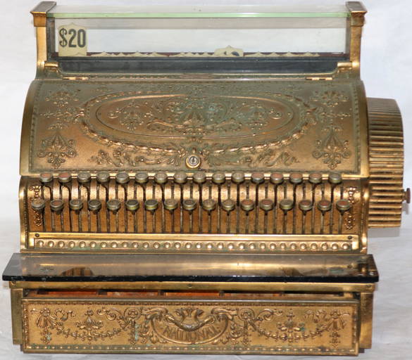 Ornate Brass National Cash Register, Missing Oak