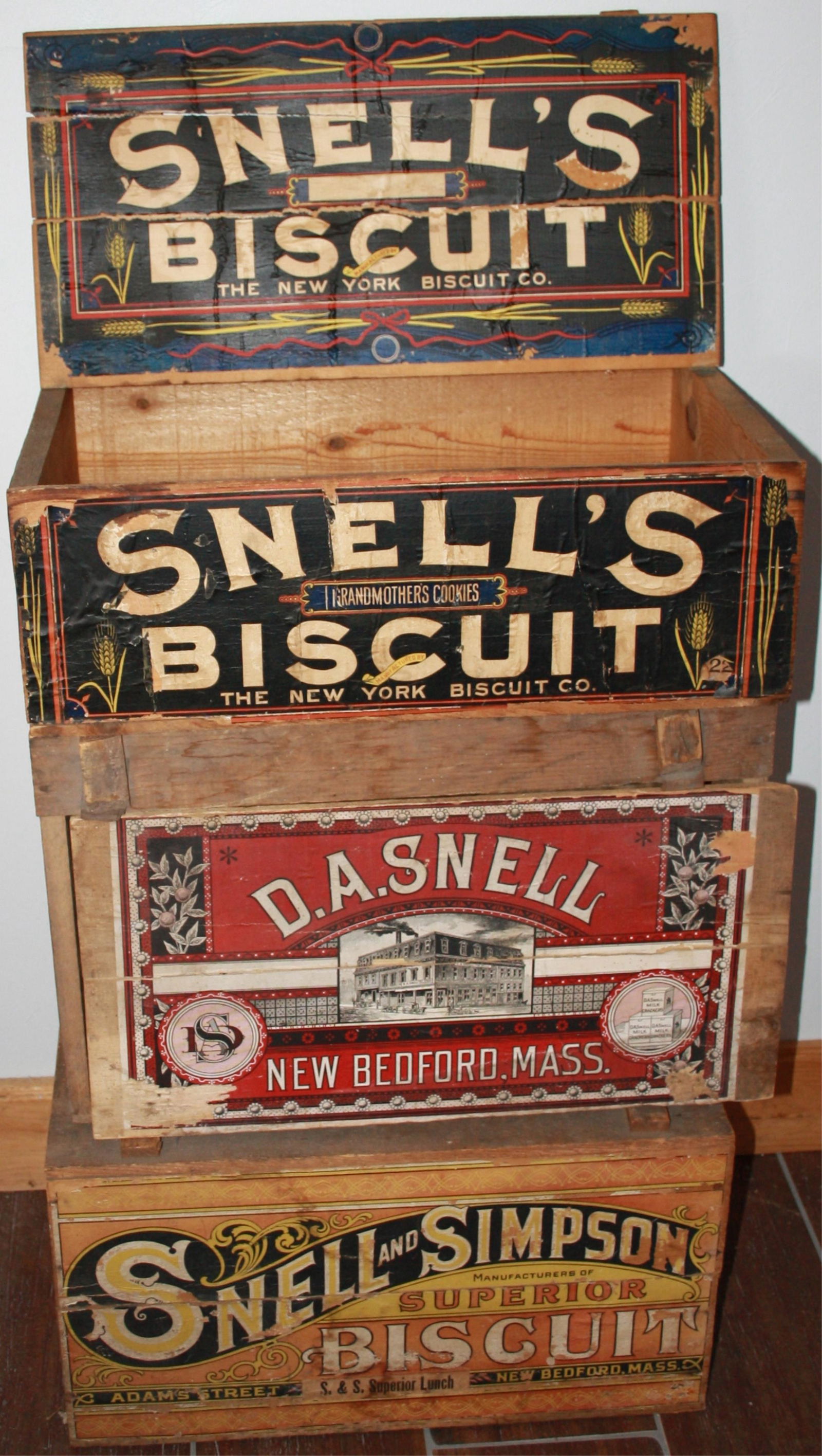 3 Antique Wooden Biscuit Boxes D. A. Snell, New