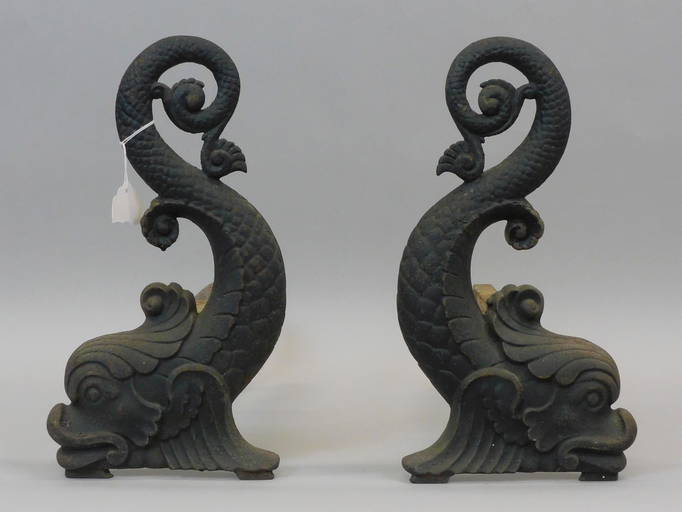 Pair Of Cast Iron Dolphin Andirons. Late 19th