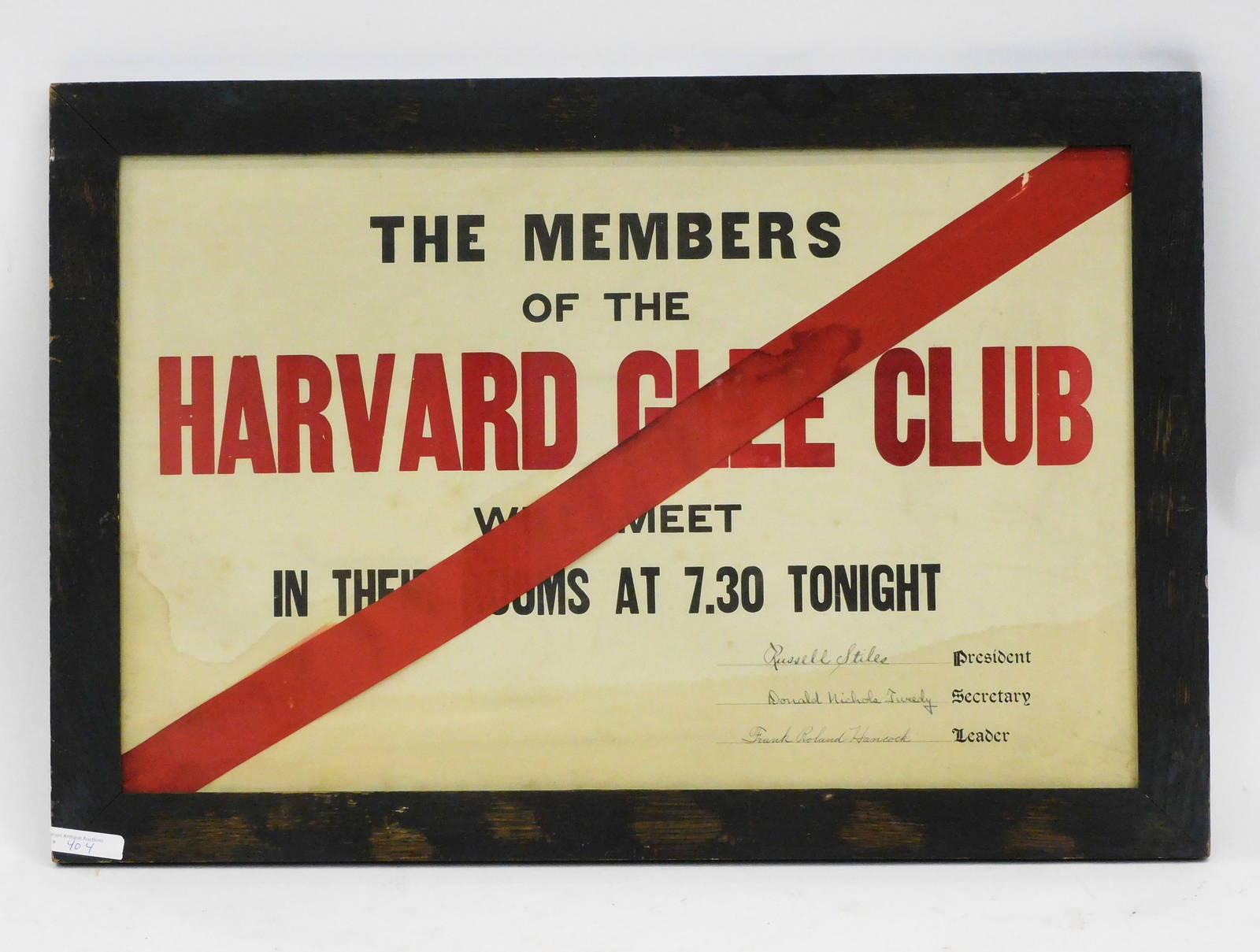 Harvard Glee Club Meeting Sign, Signed By Auction