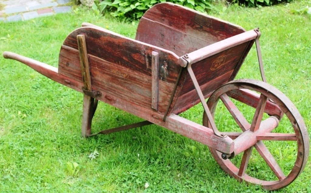 19th C Wood Wheelbarrow Original Red Paint