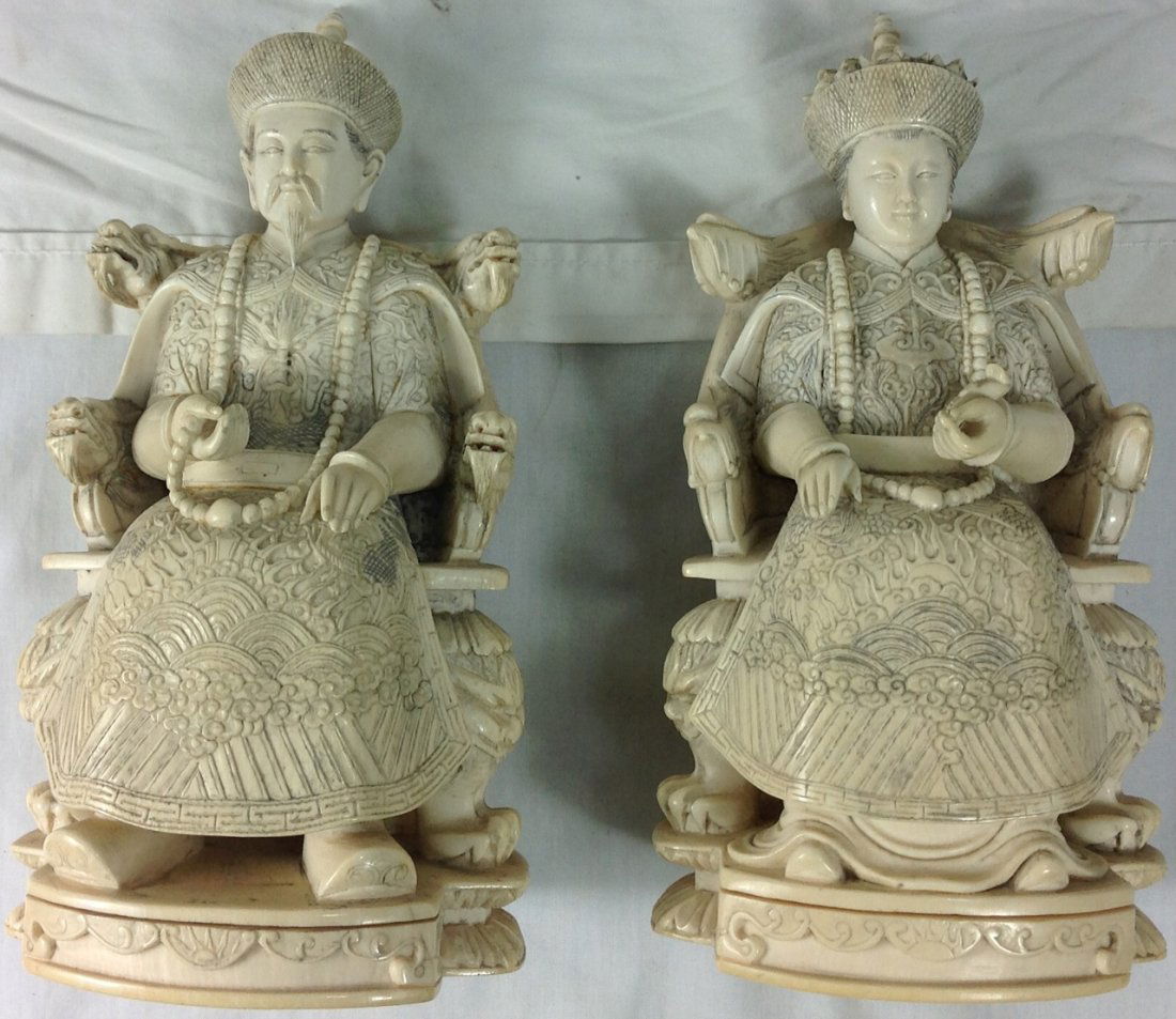 Pair Antique Carved Chinese Emperor & Empress Statues