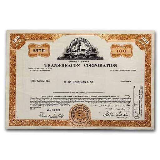 Trans Beacon Corporation Stock Certificate (orange)