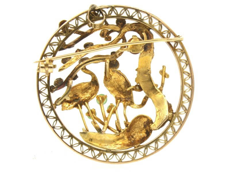 14k Yellow Gold Round Stork Jade Ruby Pendant Brooch Pin Auction