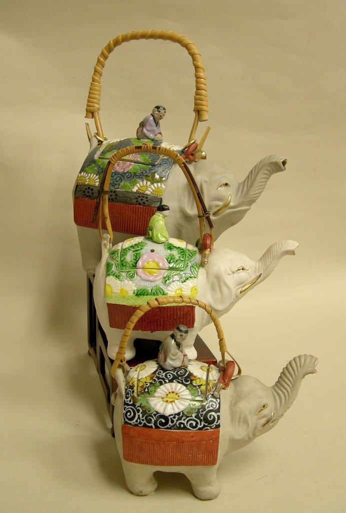 (3) Japanese Banko Ceramic Elephant Teapots
