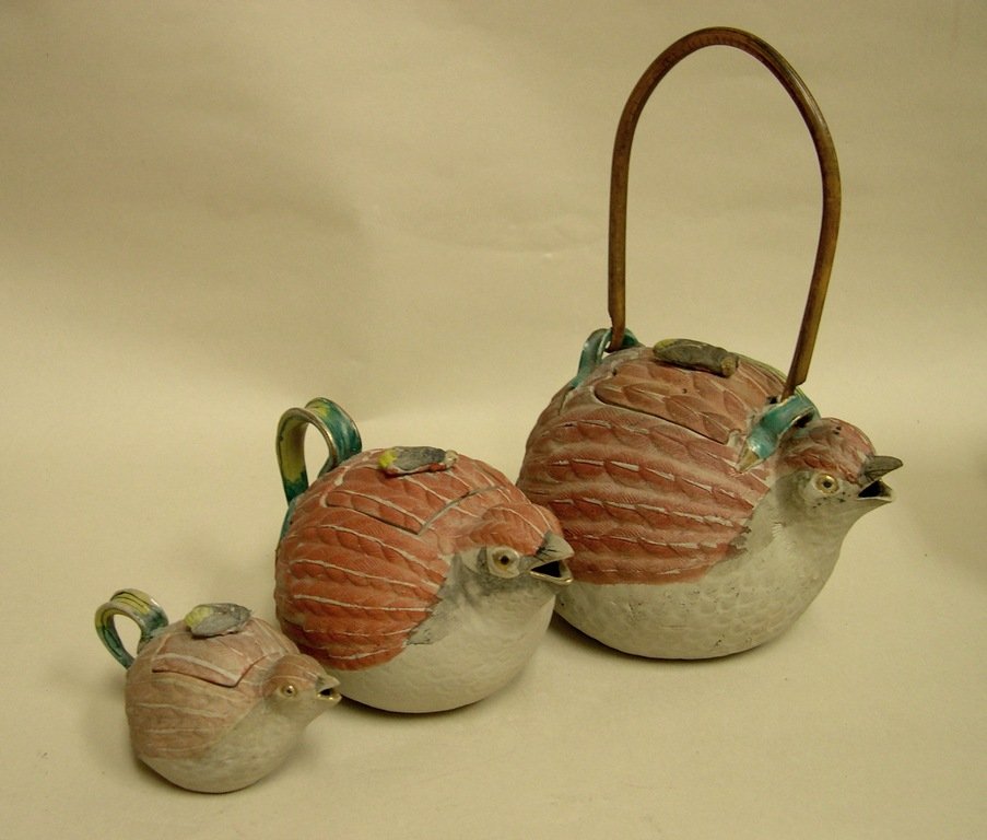 (3) Japanese Banko Ceramic Bird Teapots