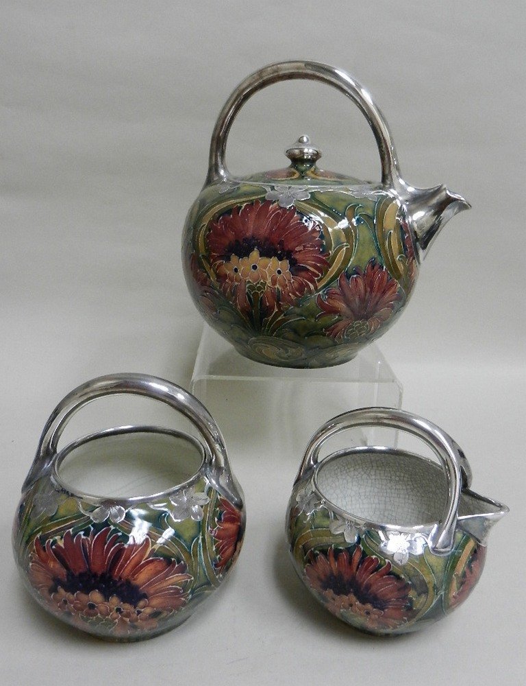 MOORCROFT Tea set Red Cornflower with Silver Overlay