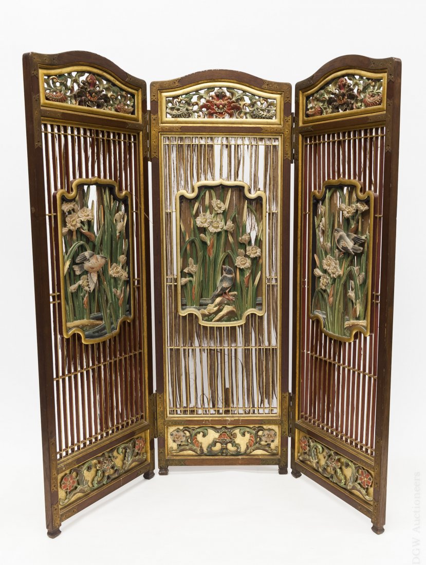 Oriental Polychrome 3 Panel Table Top Screen.