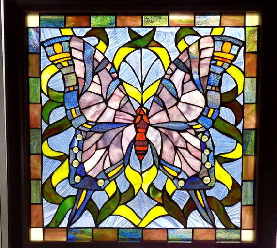 Tiffany Style Leaded Glass Butterfly Window